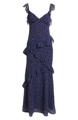 Bp. Asymmetric Ruffle Tiered Maxi Dress - Navy- White Myla Dot