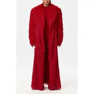 Naked Wardrobe Long Faux Feather Coat - Ruby Red