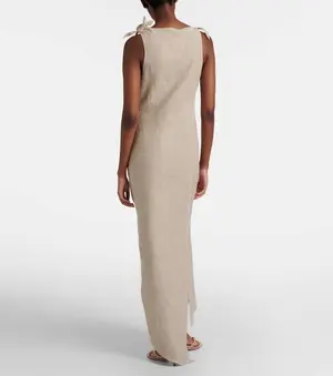 Coperni Floral-applique Asymmetric Linen Maxi Dress