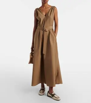 Brunello Cucinelli Belted Cotton-blend Midi Dress - Beige