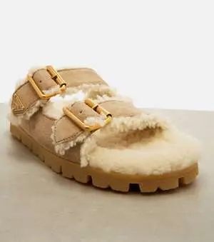 Prada Shearling-lined Suede Sandals - Beige