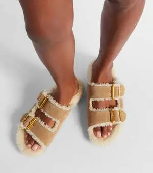 Prada Shearling-lined Suede Sandals - Beige