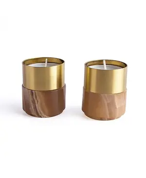 ANDJACOB Brass Candle Holder, Set Of 2 - Amber Alabaster