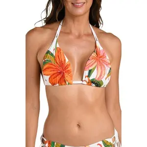 La Blanca Jungle Blossoms Halter Bikini Top - Ivory Multi