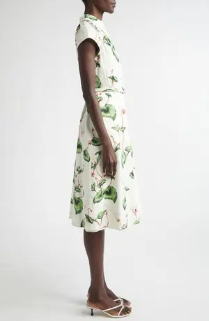 Oscar De La Renta Chiné Cyclamen Cap Sleeve Poplin Dress - White/ivory