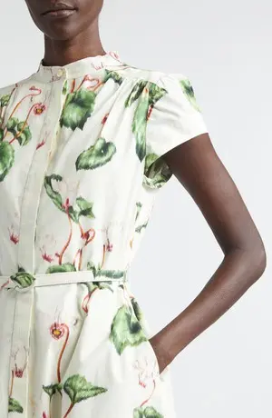 Oscar De La Renta Chiné Cyclamen Cap Sleeve Poplin Dress - White/ivory