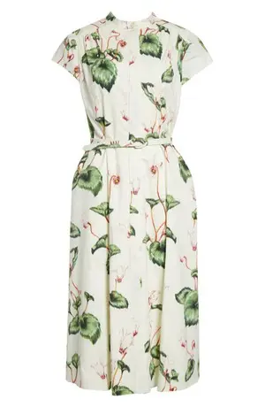Oscar De La Renta Chiné Cyclamen Cap Sleeve Poplin Dress - White/ivory