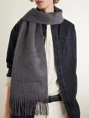 Acne Studios Vinnie Fringed Logo-embroidered Alpaca And Wool-blend Scarf - Gray