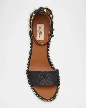 Valentino Garavani 105mm Rockstud Leather Wedge Espadrille Sandals - Nero/light
