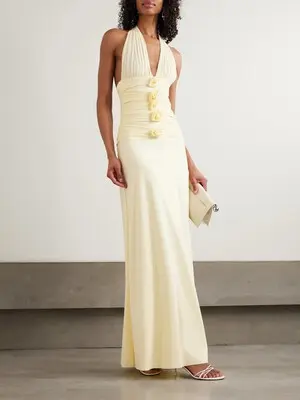 MAYGEL CORONEL Villadiego Appliquéd Stretch-jersey Halterneck Maxi Dress - Neutrals