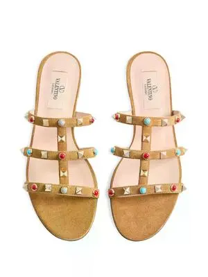 Valentino Garavani Rockstud Slide Sandals In Split Leather With Cabochon Stones - Brown