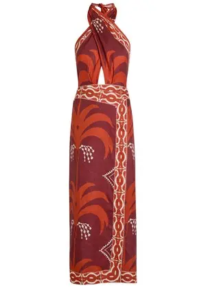 Johanna Ortiz Buen Viento Halterneck Linen Midi Dress - Red