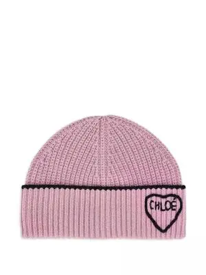Chloé Encoeur Ribbed Beanie Hat - Pink