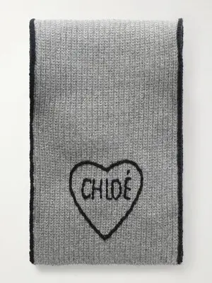 Chloé Embroidered Ribbed Wool And Cashmere-blend Scarf - Gray