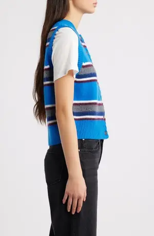 DAMSON MADDER Sofie Stripe Merino Wool Button-up Vest - Blue