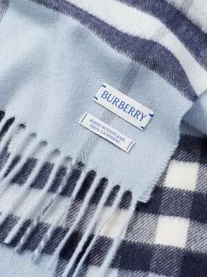 Burberry Fringed Checked Cashmere Scarf - Blue