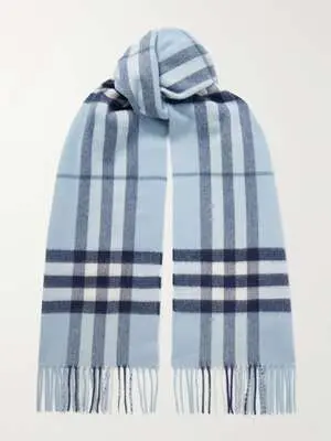 Burberry Fringed Checked Cashmere Scarf Light Blue