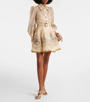 Zimmermann Rebellion Marine Printed Linen And Silk Minidress - Beige