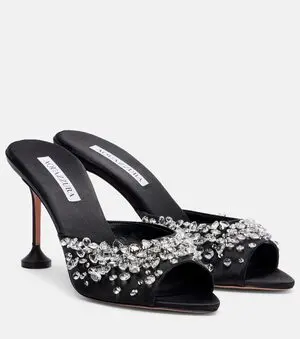 AQUAZZURA Bisous 85 Embellished Satin Mules - Black