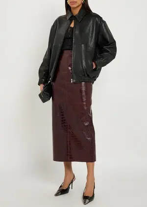 Nour Hammour Elyse Crocodile-effect Leather Midi Skirt