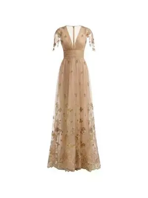 GEMY MAALOUF Embroidered V-neck Tulle Gown - Neutrals
