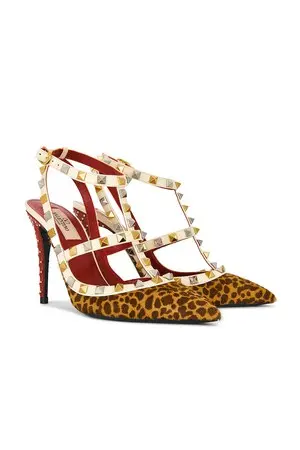 Valentino Garavani St. Mini Animalier Rockstud Pump - Biscotto Bark Brown & White Classic Red