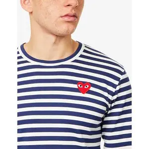 Play Comme Des Garcon Striped Heart-motif Cotton T-shirt - Navy