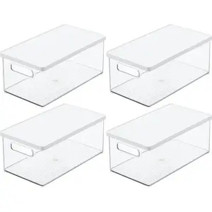 MDESIGN Plastic Storage Bin Box Container, Lid And Handles, 4 Pack - Clear White