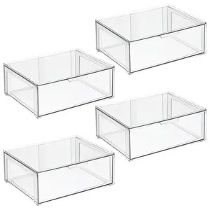 MDESIGN Plastic Stacking Closet Storage Organizer Bin With Drawer, 4 Pack - Clear