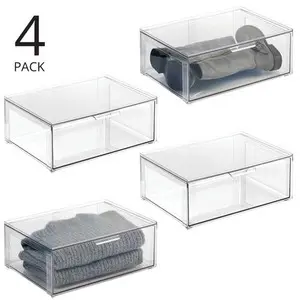 MDESIGN Plastic Stacking Closet Storage Organizer Bin With Drawer, 4 Pack
