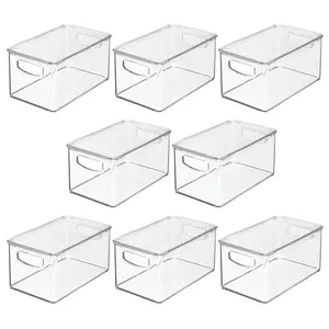 MDESIGN Deep Plastic Bathroom Storage Box, Lid/built-in Handles, 8 Pack - Clear