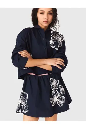 Maje Cropped Cotton Shirt With Floral Motifs - Black