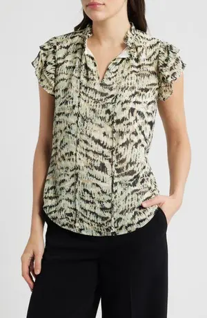Anne Klein Printed Ruffle Sleeve Top