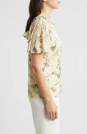 Anne Klein Floral Print Flutter Sleeve Chiffon Top