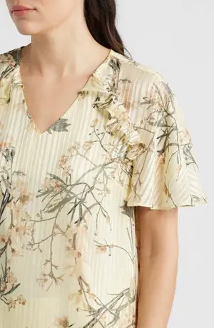 Anne Klein Floral Print Flutter Sleeve Chiffon Top