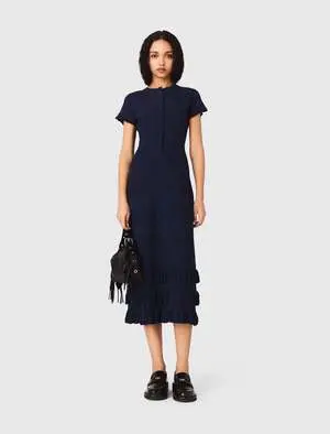 Maje Knit Maxi Dress With Ruffles And Scalloped Details - Navy