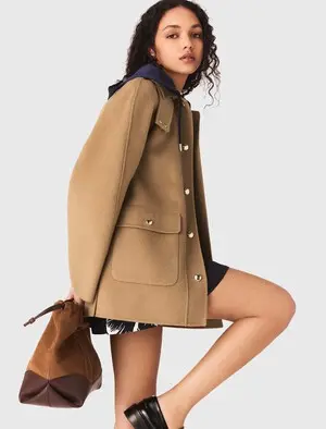 Maje Felted Wool Blend Coat With Removable Hood And Leather-look Collar - Beige