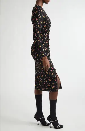 Dolce & Gabbana Floral Print Long Sleeve Charmeuse Midi Dress