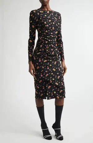 Dolce & Gabbana Floral Print Long Sleeve Charmeuse Midi Dress