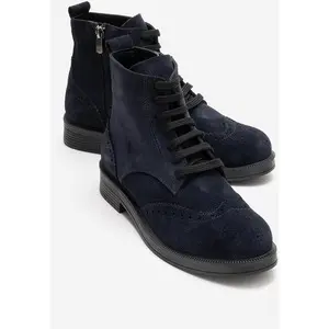 FOREVER & ALWAYS SHOES Nelvy Leather Brogue Boots - Navy Suede
