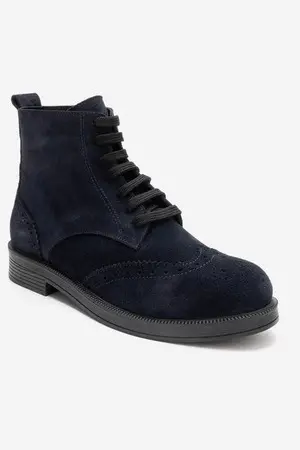 FOREVER & ALWAYS SHOES Nelvy Leather Brogue Boots - Navy Suede