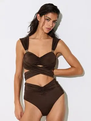 REISS Maisie High-waisted Ruched Bikini Bottoms - Chocolate Brown