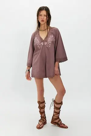 Free People Cawley Embroidered Romper - Elderberry Tea