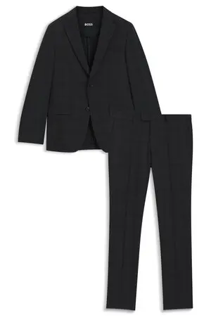 BOSS Checked Slim-fit Suit In Stretch Wool - Black