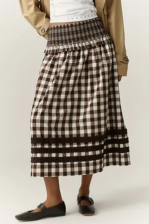DAMSON MADDER Organic Cotton Smocked Midi Skirt - Multi Plaid