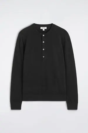 Cos Slim Fit Merino Wool Henley Top - Black