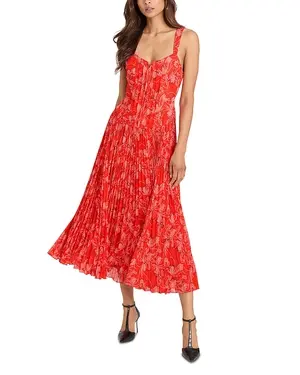 Cinq À Sept Botanical Floral Pleated Midi Dress - Bisou Multi