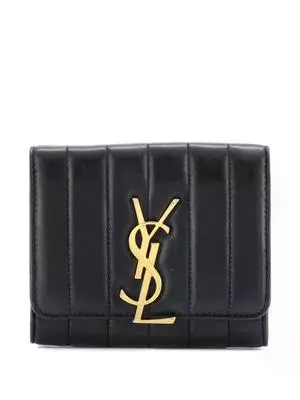 Saint Laurent Vicky Flap Wallet Vertical Quilted Leather Compact Small Wallets - Black