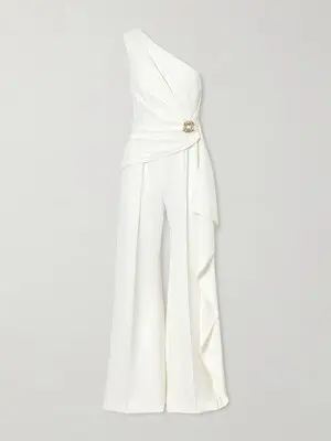 Elie Saab One-shoulder Embellished Cady Jumpsuit - White