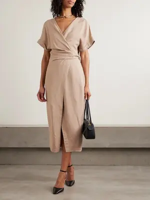 Brunello Cucinelli Bead-embellished Woven Midi Wrap Dress - Neutrals